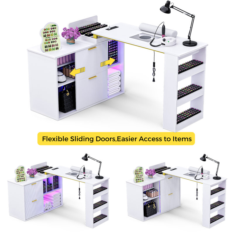 Hokku Designs Kitwana L-Shaped Manicure Table Nail Desk with Storage & RGB Lights – Adjustable ...